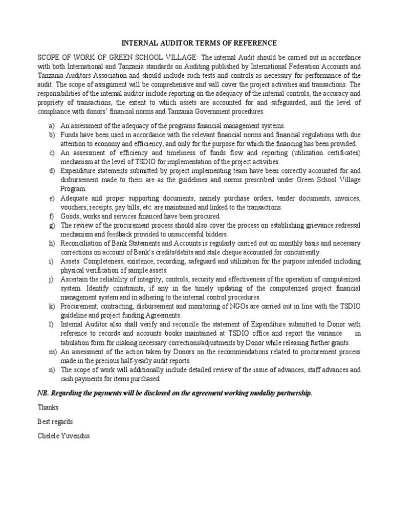 Internal Auditor Terms of Reference | PDF | Audit | Internal Audit