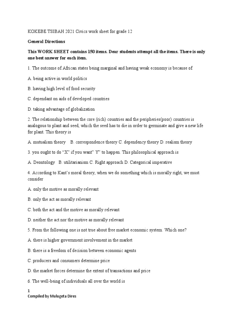 KOKEBE TSIBAH 2021 Grade 12 Civics Work Sheet | PDF | Political Ideologies | Democracy