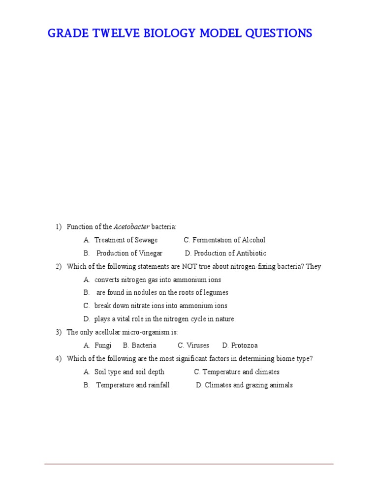 Grade Twelve Biology Model Questions | PDF | Cellular Respiration ...