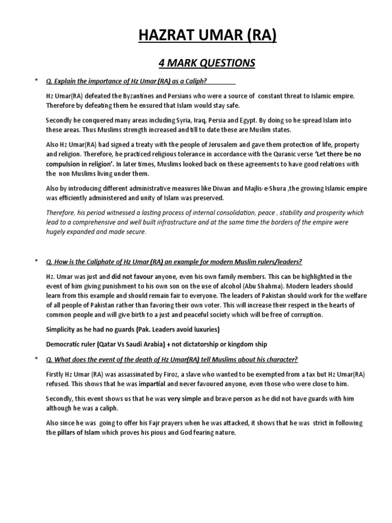 Hazrat Umar 4 Mark Question Caliphs | PDF | Umar | Caliphate