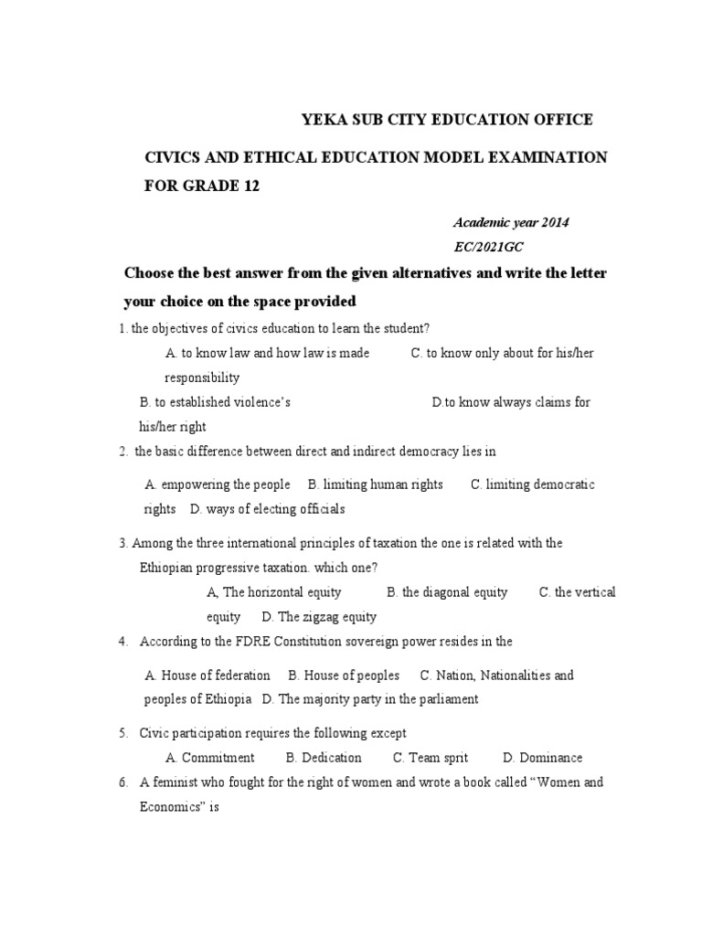 Grade 12 Civics Model Exam 2023 | PDF | Interest | Supreme Court Of India