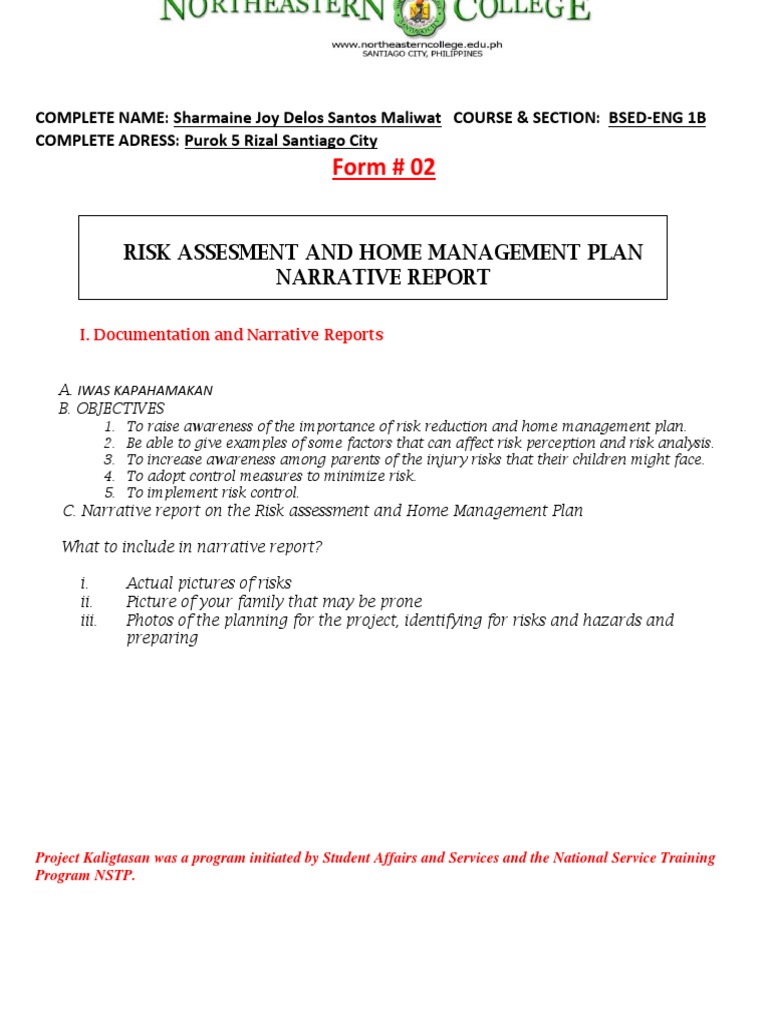 Form # 02: Risk Assesment and Home Management Plan Narrative Report | PDF