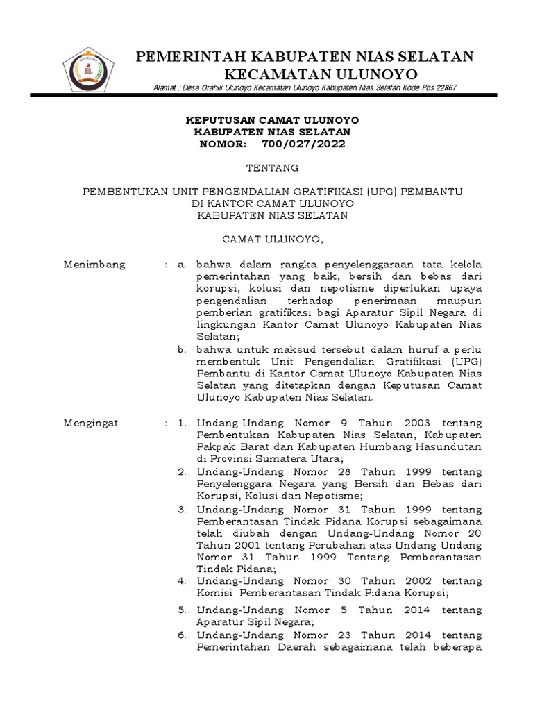 Contoh SK Unit Pengendalian Gratifikasi | PDF