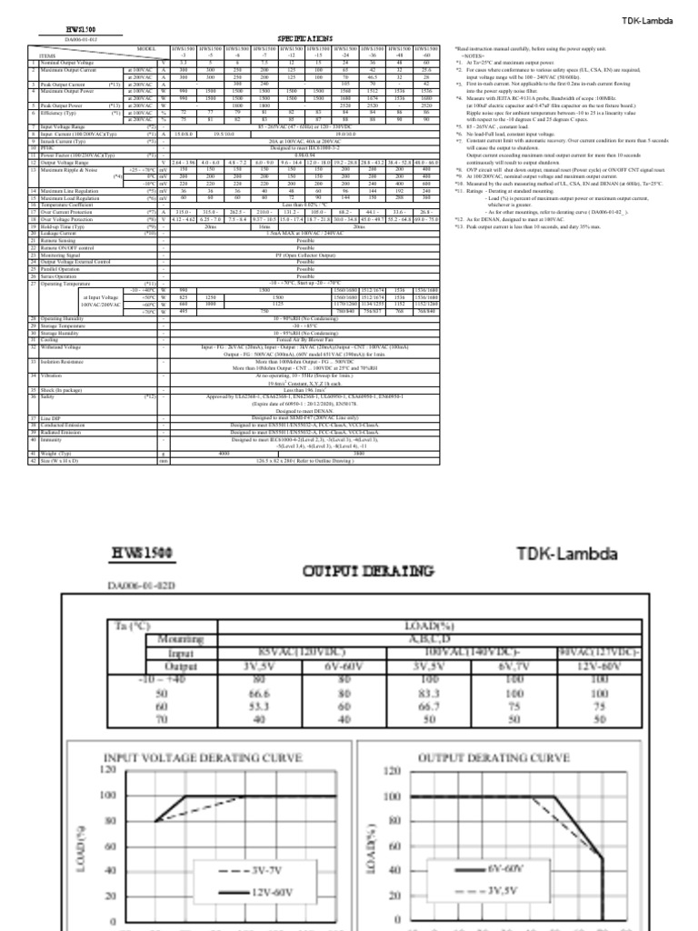 HWS1500 Specifications: TDK-Lambda | PDF | Power Supply | Electronic Engineering