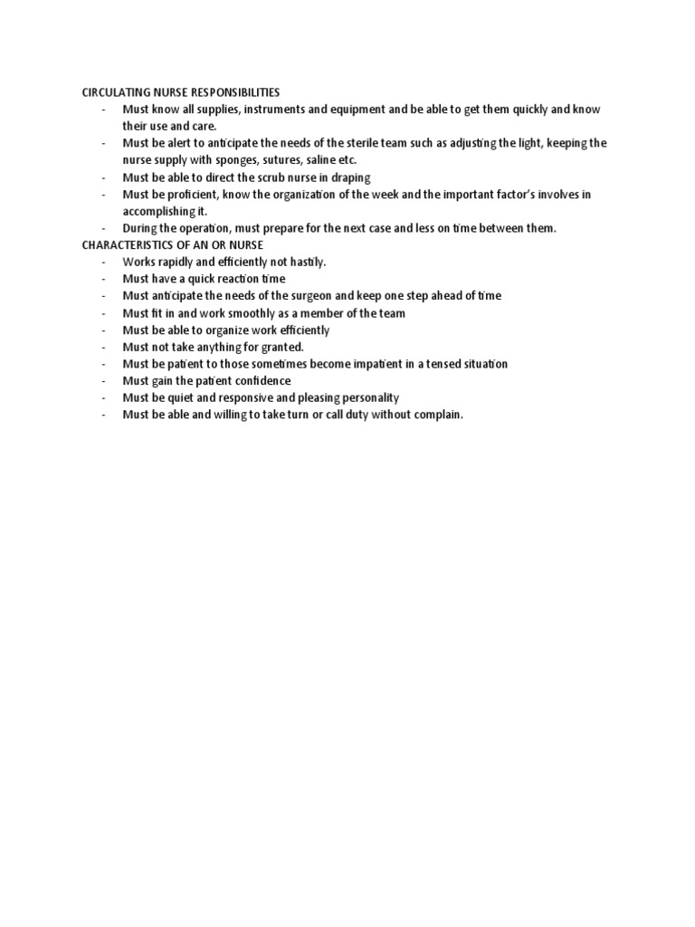 Circulating Nurse Responsibilities | PDF | Career & Growth | Self ...