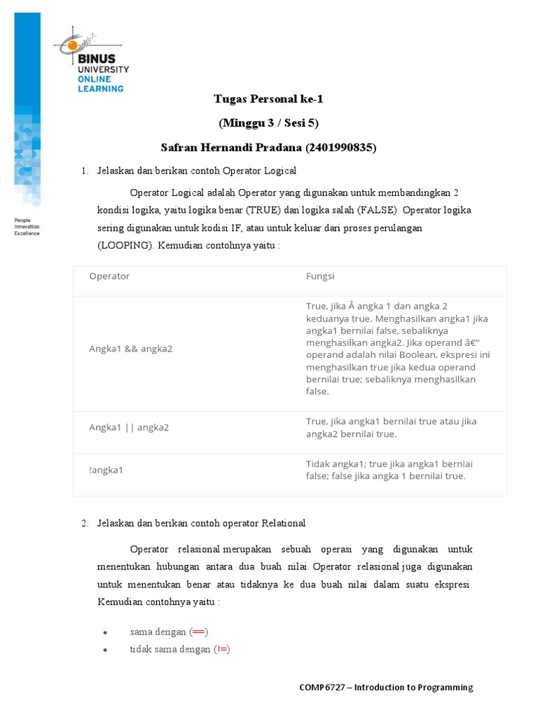 ANSWER TP1 Programming Binus University | PDF