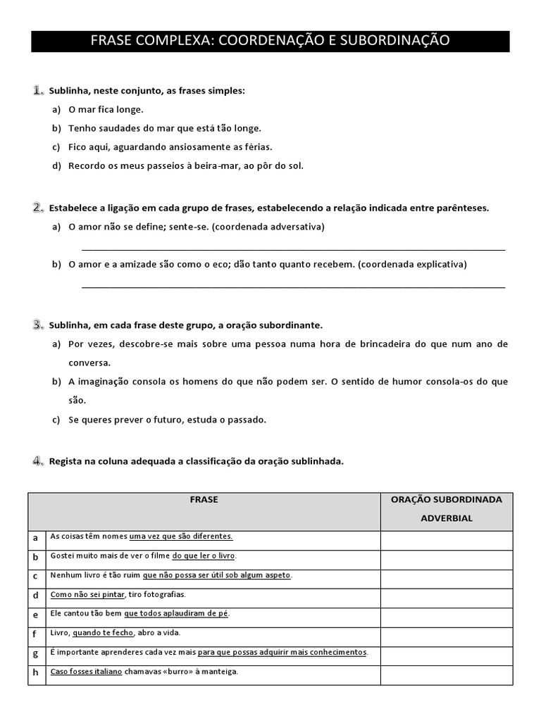 Ficha de Trabalho - Frase Complexa Coordenação e Subordinação (2) .PDF ...