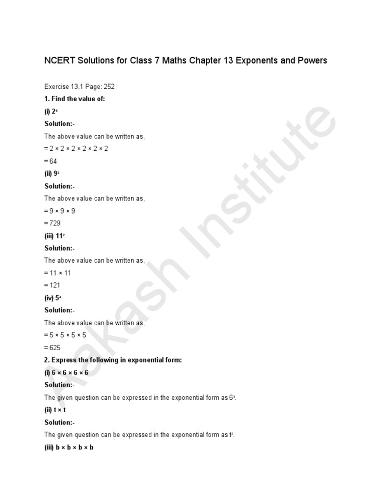 NCERT Solutions For Class 7 Maths Chapter 13 Exponents and Powers | PDF ...