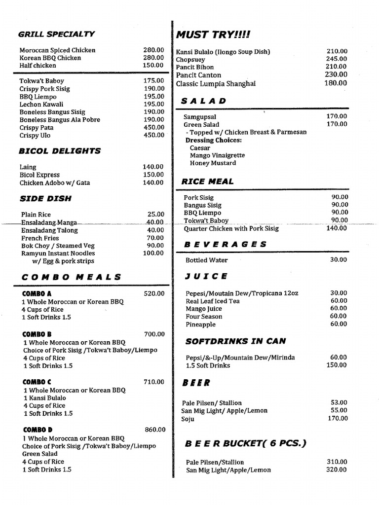 Cusina de Parilla Menu - 1644195052 | PDF