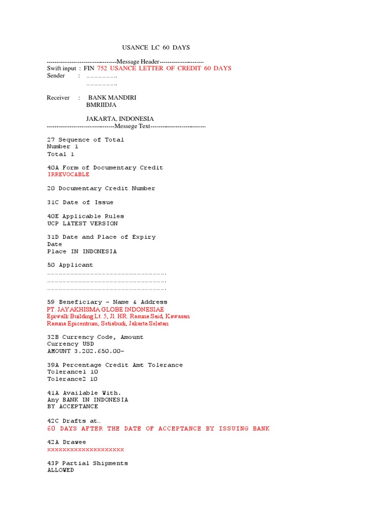 Draft Usance LC by Acceptance 60 Days 752 MPE | PDF | Letter Of Credit ...
