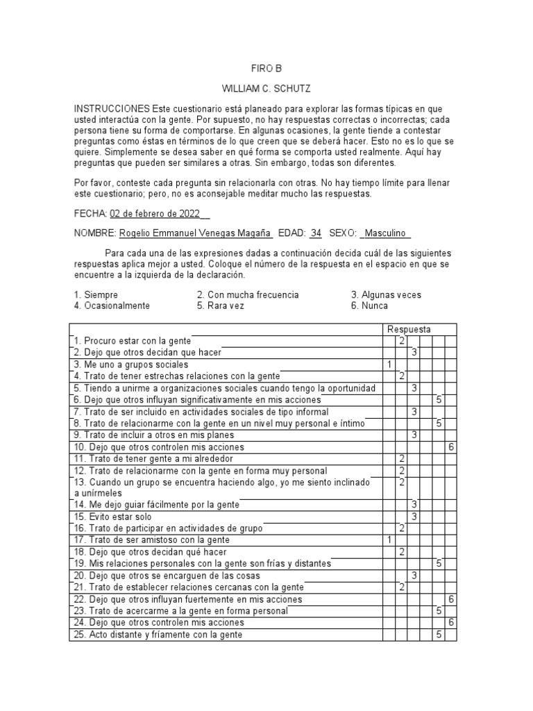 Test FIRO B WILLIAM Adaptación | PDF