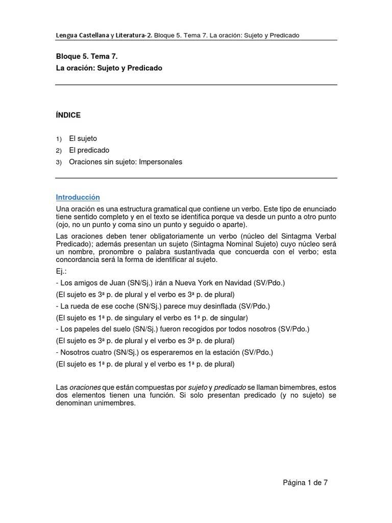 Sujeto y Predicado en Oraciones | PDF | Asunto (gramática) | Verbo