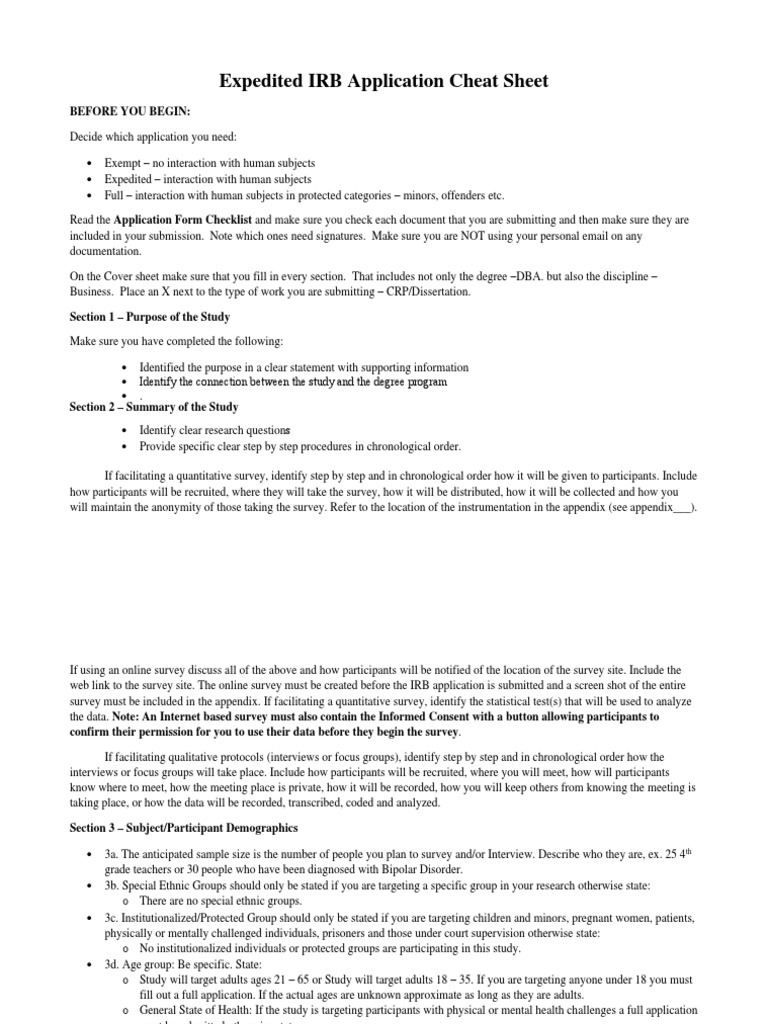 Expedited IRB Application Cheat Sheet: Before You Begin | PDF