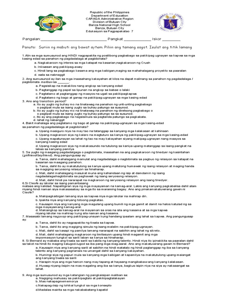 1ST TQ EsP Unang Markahan | PDF