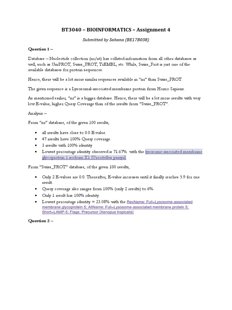 BT3040 - BIOINFORMATICS - Assignment 4: Question 1 | PDF | Sequence Alignment | Biology