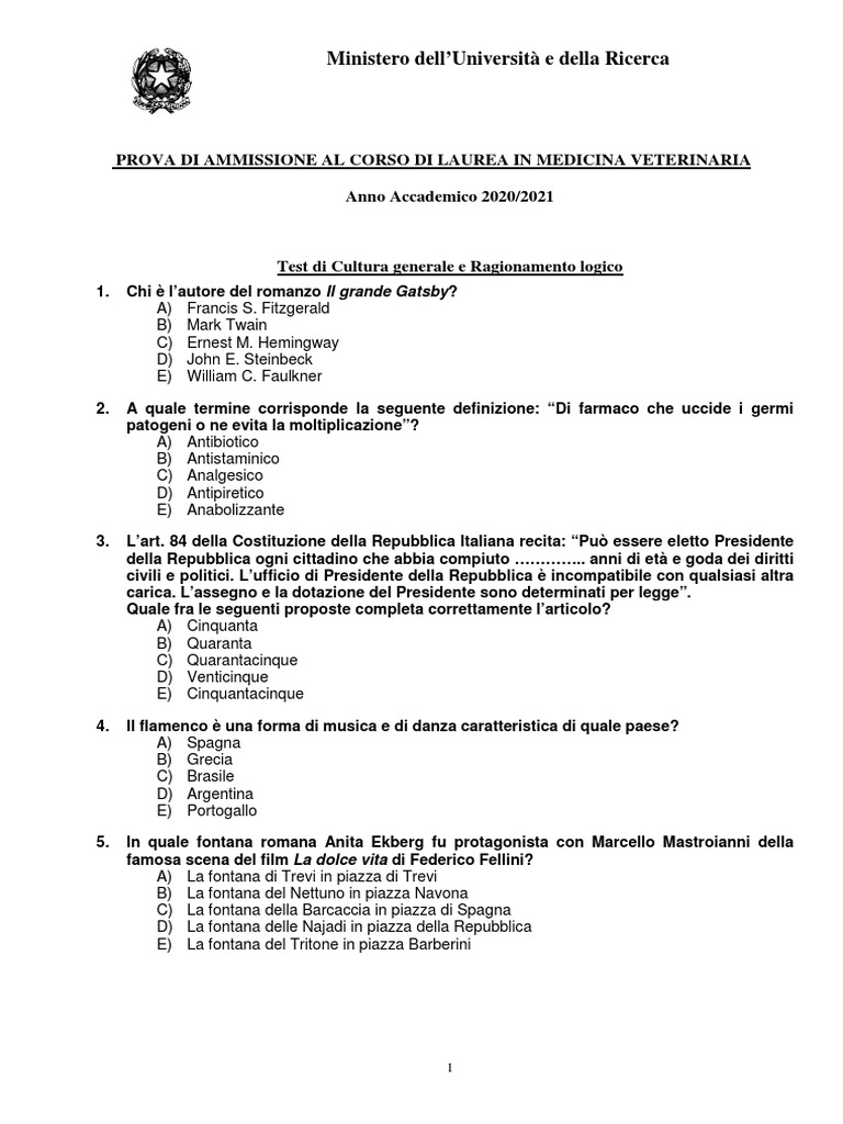 Prova Ufficiale Test Medicina Veterinaria 2020 | PDF