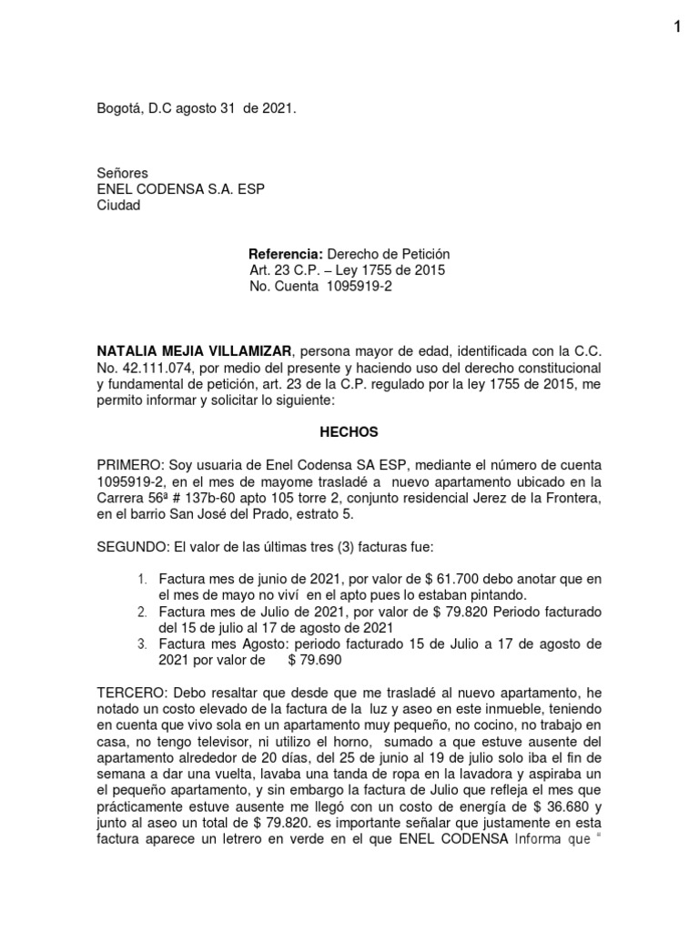 Documento Final CODENSA Derecho Petición - Pagenumber | PDF