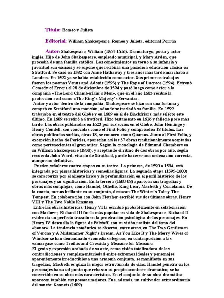 Texto dramático: Romeo y Julieta | PDF | Romeo y Julieta | William ...