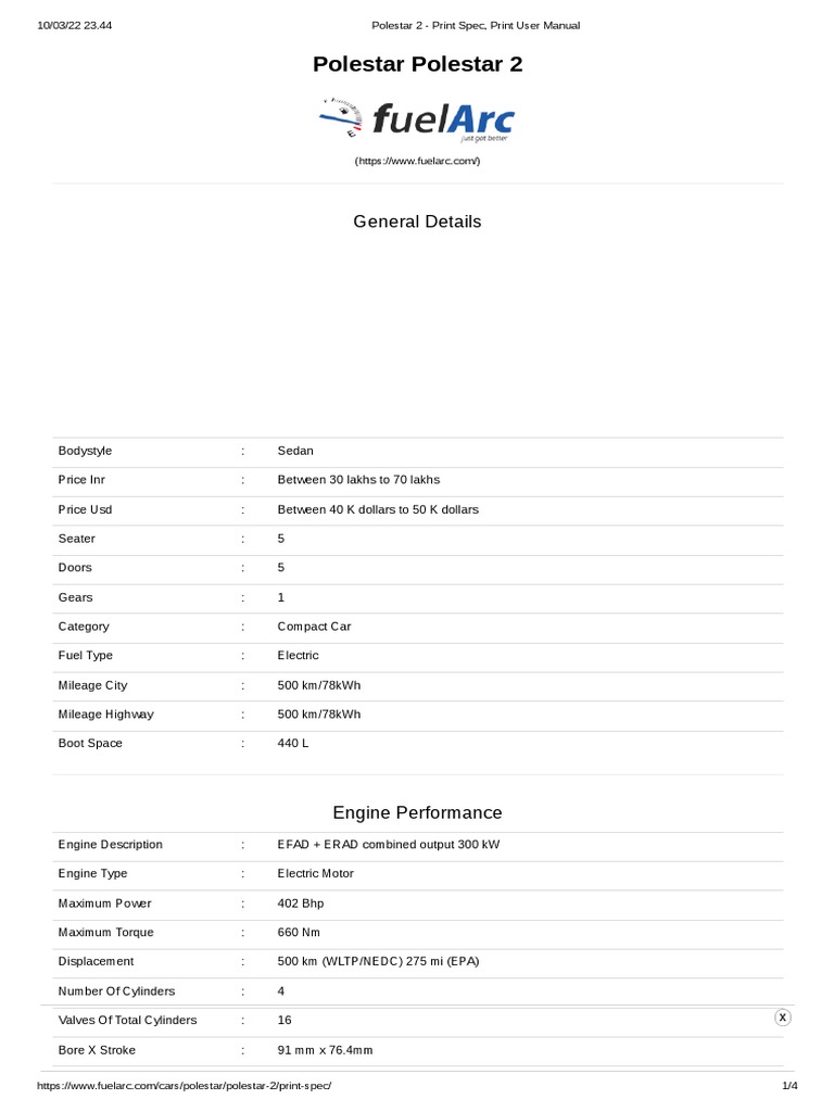 Polestar 2 - Print Spec, Print User Manual | PDF | Fuel Economy In ...