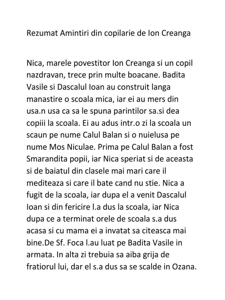 Rezumat Amintiri Din Copilarie | PDF