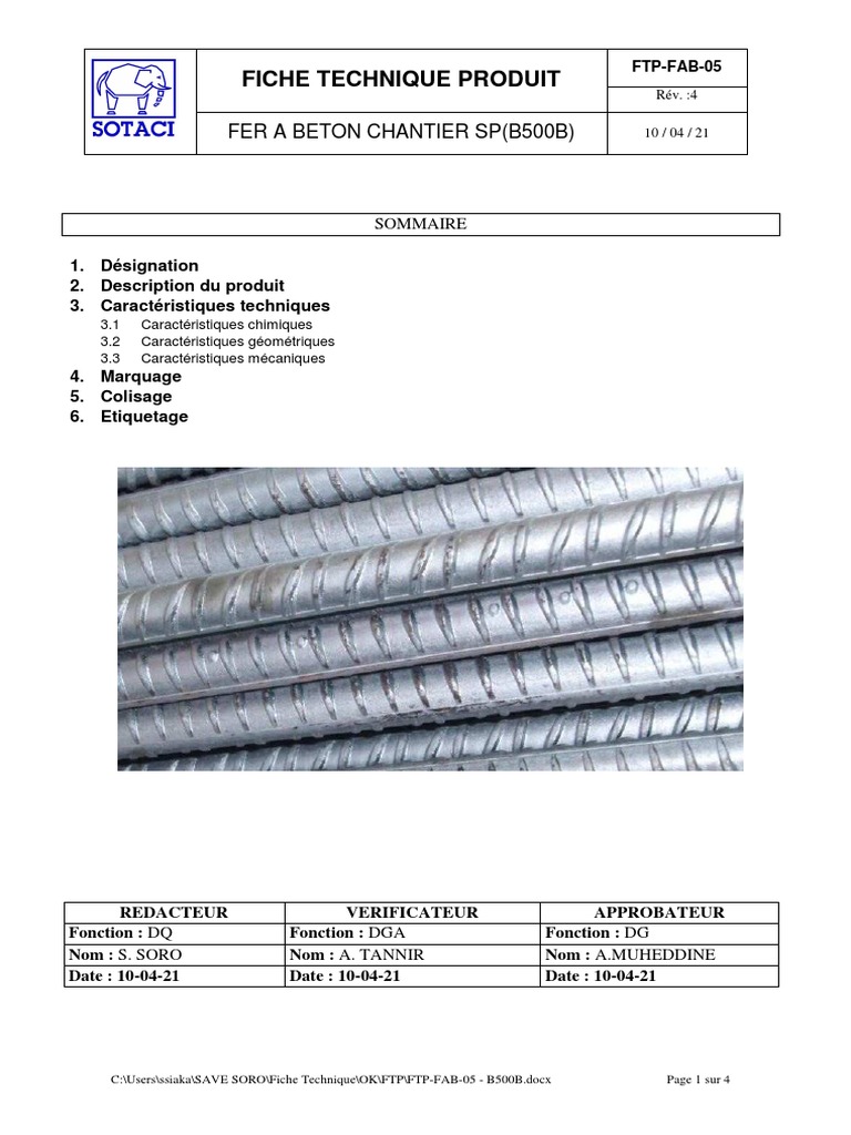 Fiche Technique Fer A Beton Fe500 Sotaci | PDF | Maison et jardin ...
