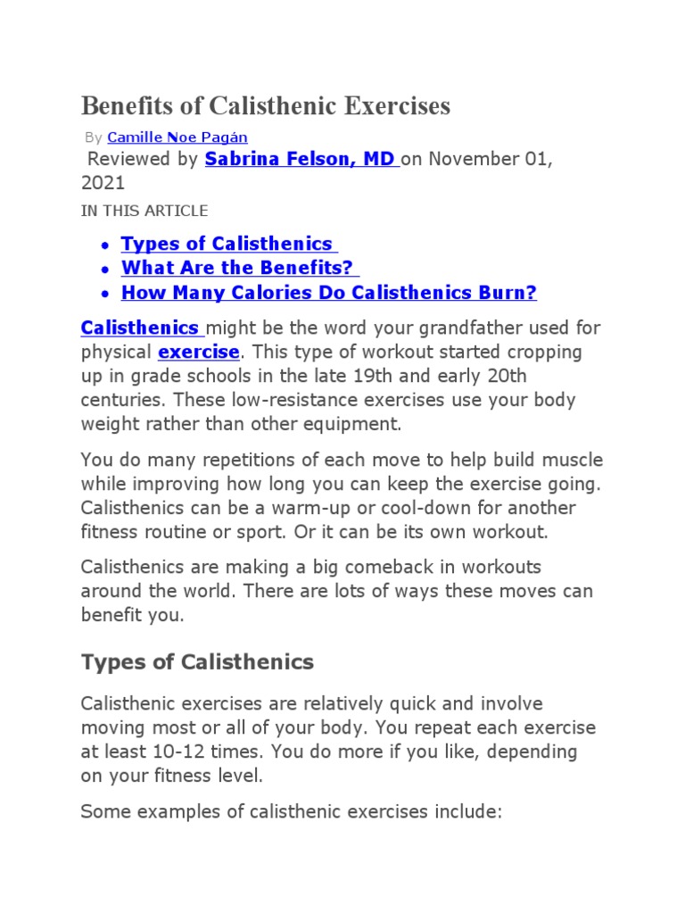 Benefits of Calisthenic Exercises | PDF | Strength Training | Physical ...