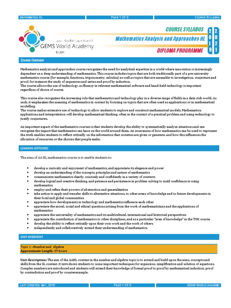 Maths AA HL Course Syllabus | PDF | Trigonometric Functions | Equations