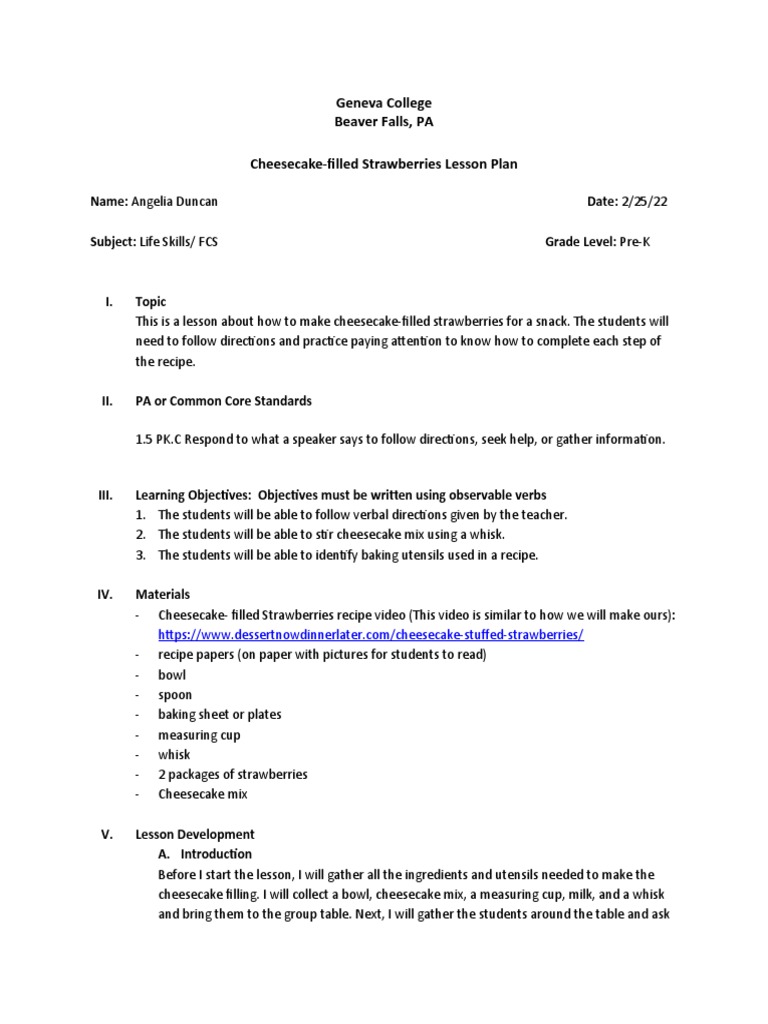 Geneva College Beaver Falls, PA Cheesecake-Filled Strawberries Lesson ...