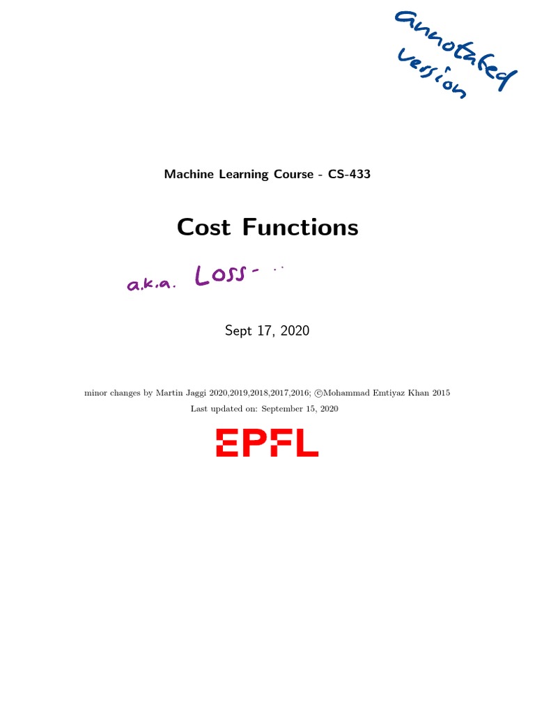 Cost Functions: Machine Learning Course - CS-433 | PDF | Mean Squared ... Cost Functions: Machine Learning Course - CS-433 | PDF | Mean Squared ...