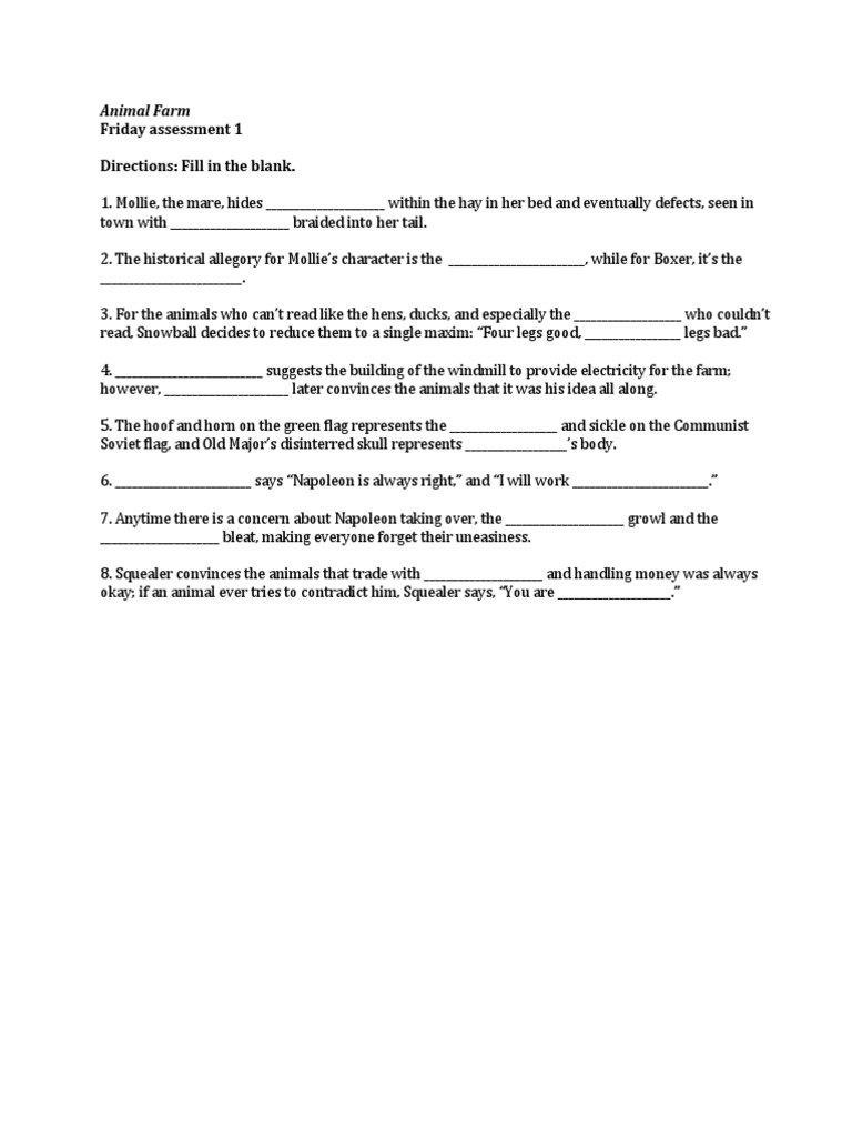Friday Assessment 1 Directions: Fill in The Blank.: Animal Farm | PDF ...