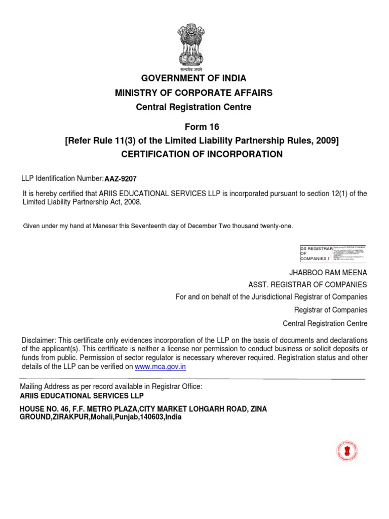 Registration Certificate of Ariis Educational LLP | PDF | Law | Limited ...