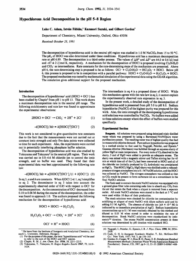 Adam1992 Hypochlorous Acid Decomposition in The PH 5-8 Region | PDF ...