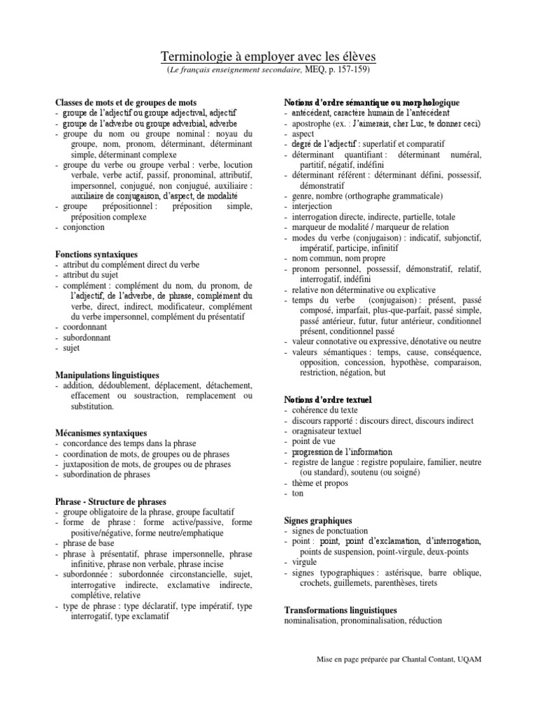 Terminologie À Employer Avec Les Élèves | PDF | Phrase | Verbe