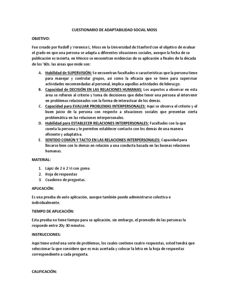 Test de Adaptabilidad Social MOSS | PDF