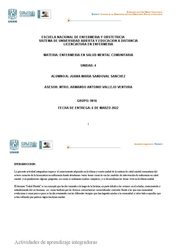 Act Integ U4 | PDF | Enfermería | Salud mental