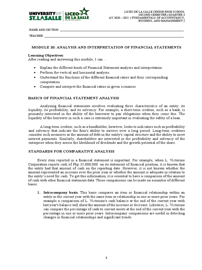 Module 10 - Analysis and Interpretation of Financial Statements | PDF ...