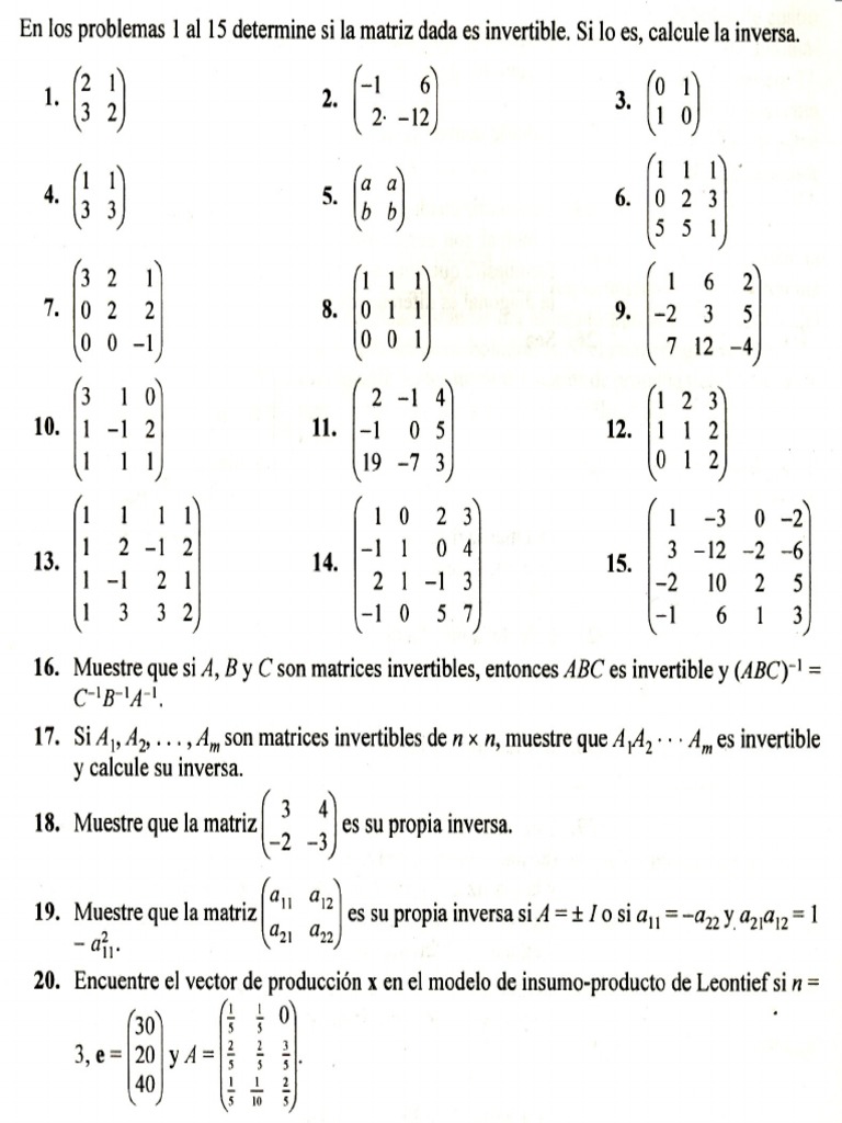 Ejercicios de LA INVERSA DE UNA MATRIZ CUADRADA | PDF