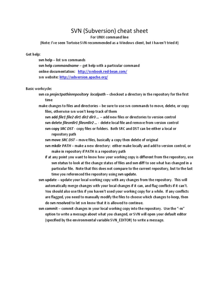 SVN (Subversion) Cheat Sheet | PDF | Computer File | Version Control SVN (Subversion) Cheat Sheet | PDF | Computer File | Version Control