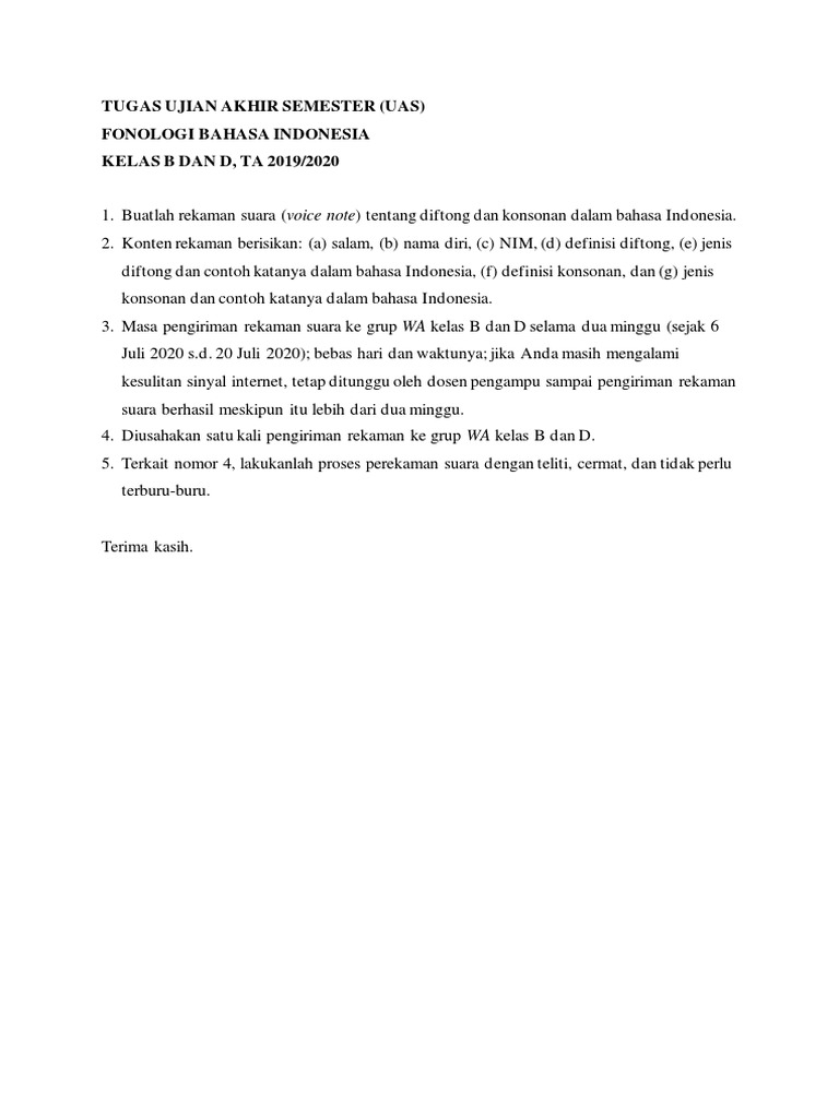 Tugas Uas Fonologi Kelas B Dan D, Sem Genap Ta 2019-2020 | PDF | Karier & Perkembangan | Seni ...