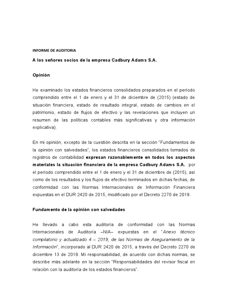 Informe Auditoria Opinion Salvedades | PDF | Auditoría | Estado financiero