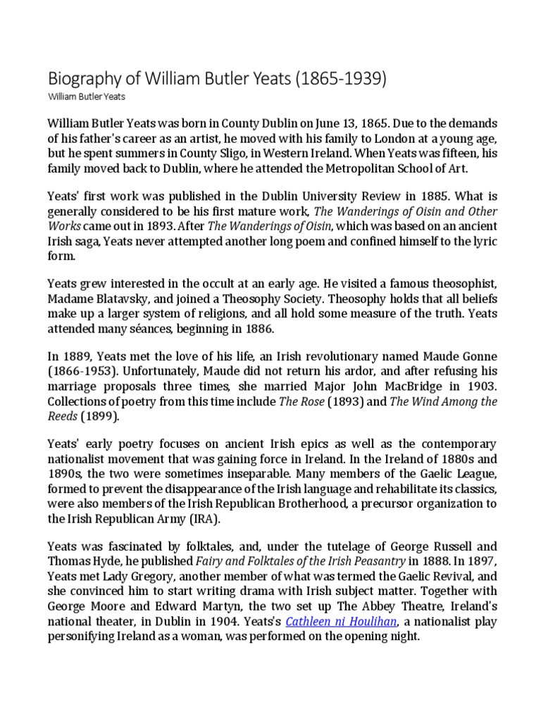 Biography of William Butler Yeats | PDF | W. B. Yeats | Ireland