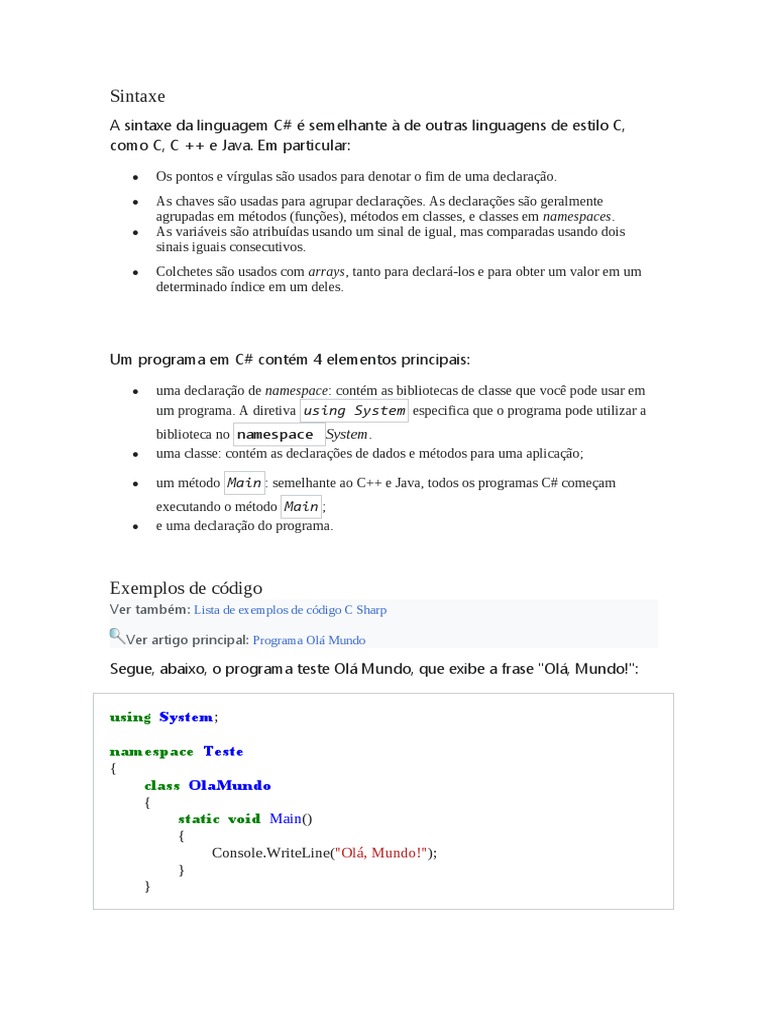 Sintaxe da Linguagem C# | PDF