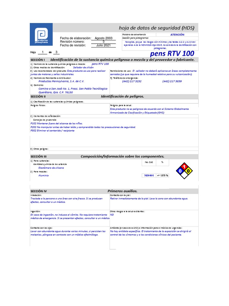 MSDS Silicon Acetico RTV100 | PDF | Residuos | Agua