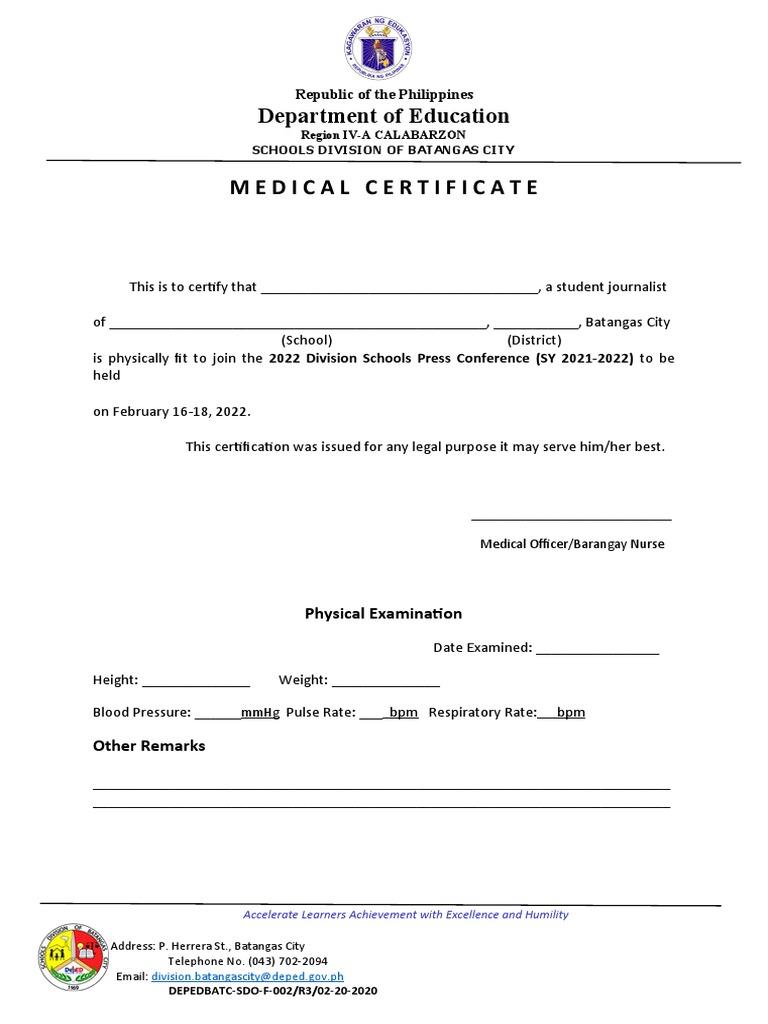 Department of Education Medical Certificate: Republic of The ...