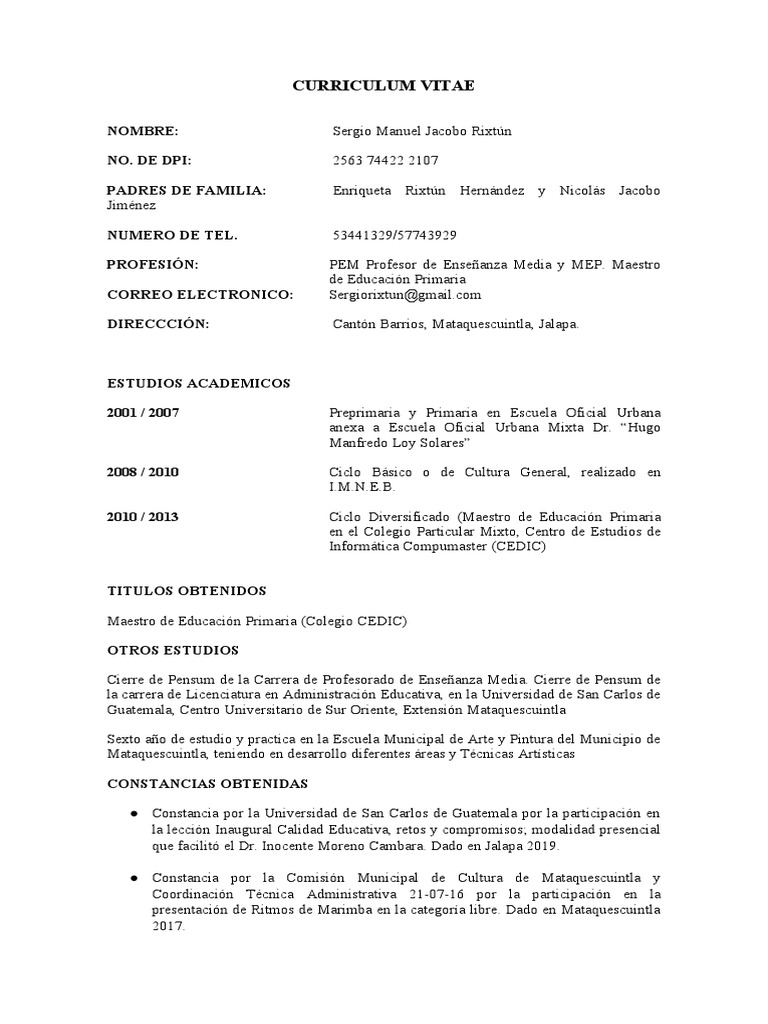 CURRICULUM VITAE (1) Sergio | PDF | Educación Secundaria | Guatemala