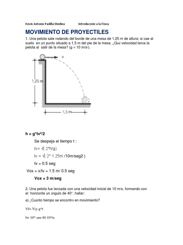 Movimiento de proyectiles: velocidades iniciales, tiempos de vuelo ...