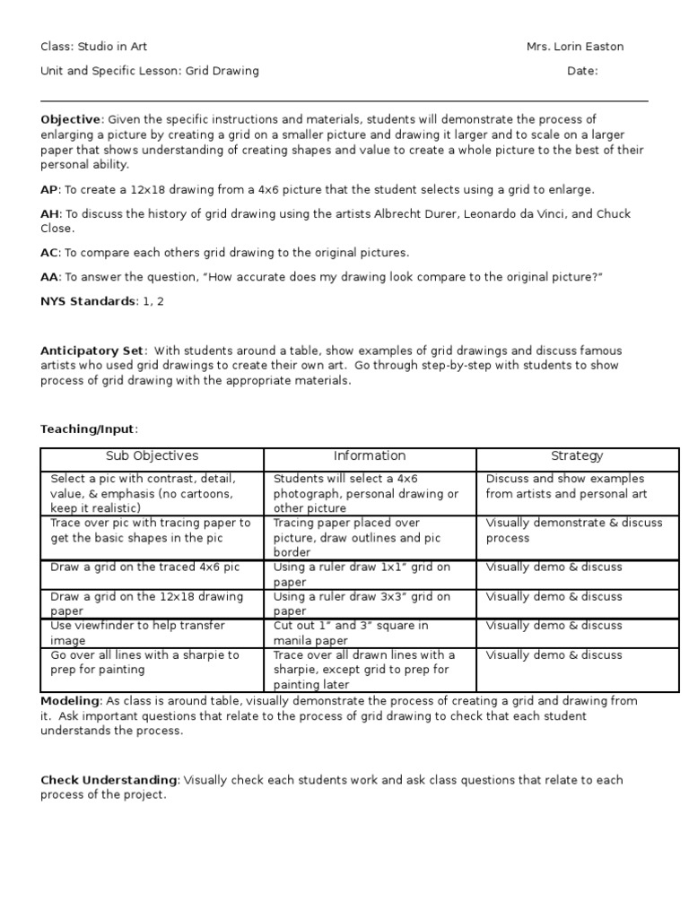 Grid Drawing Lesson Plan for Art Class | PDF | Drawing | Learning