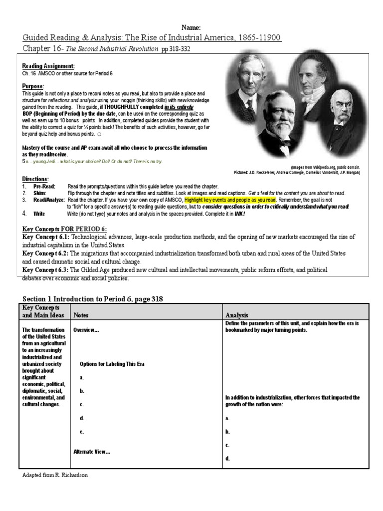 Guided Reading & Analysis: The Rise of Industrial America, 1865-11900 ...
