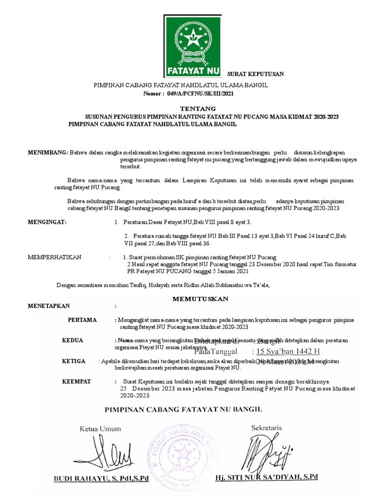 Contoh SK Ranting Nu | PDF