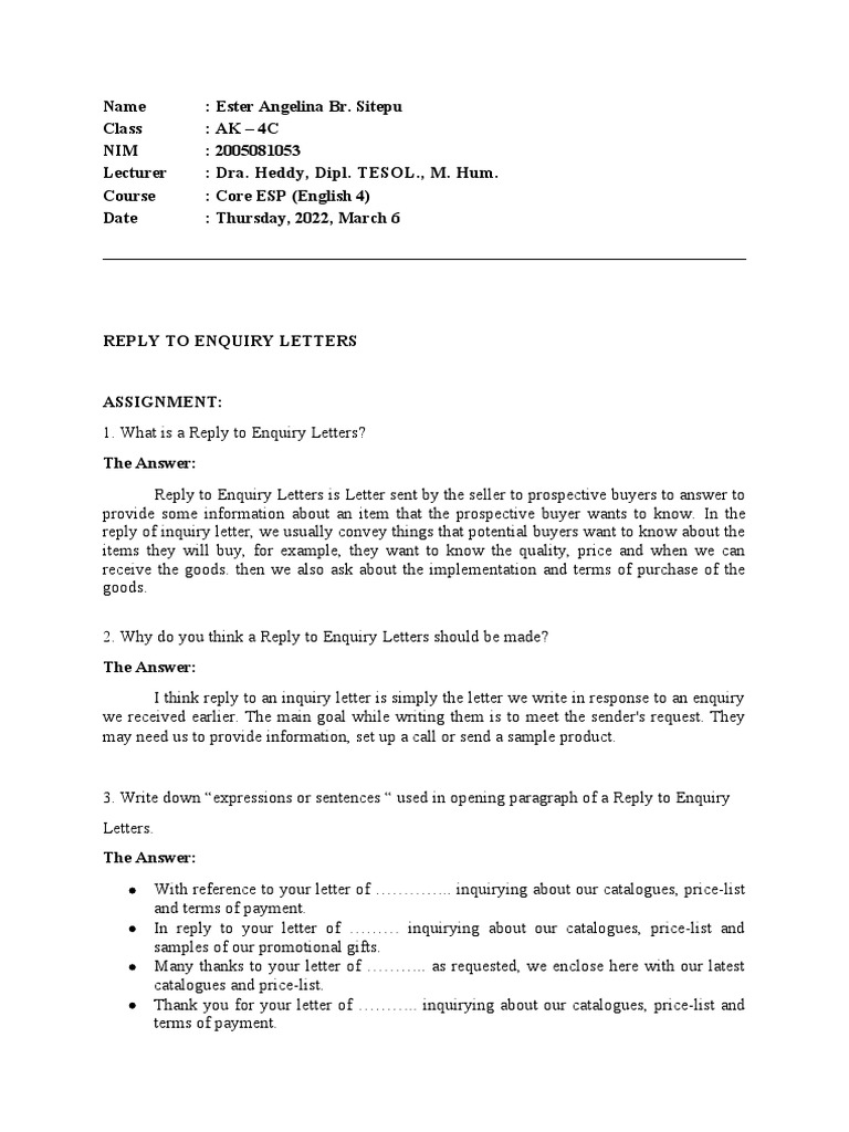 Task - Reply To Enquiry Letter - Ester Angelina Sitepu - 2005081053 | PDF